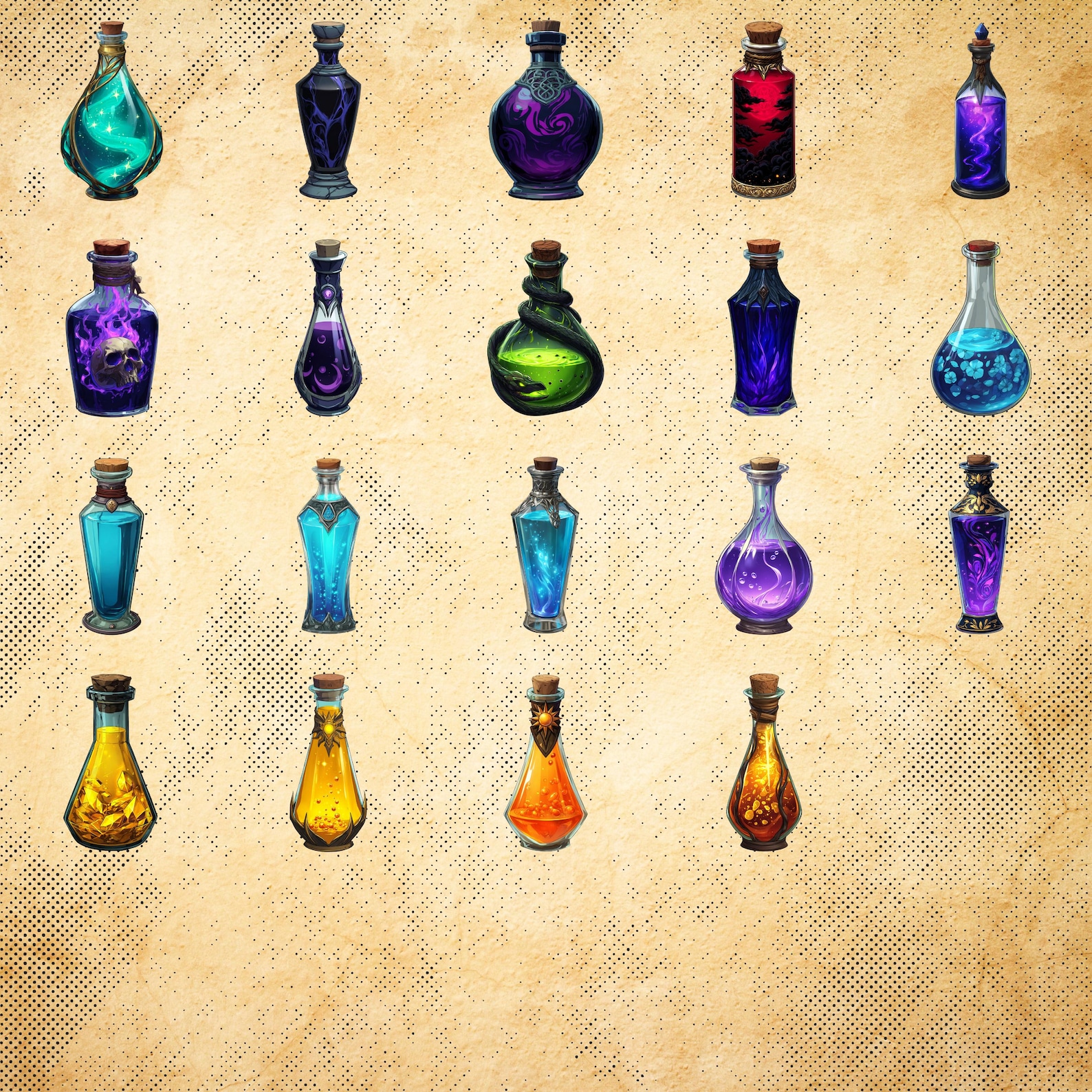 Fantasy RPG Potions Clipart – 94 Alchemical Bottles & Magical Elixirs ...