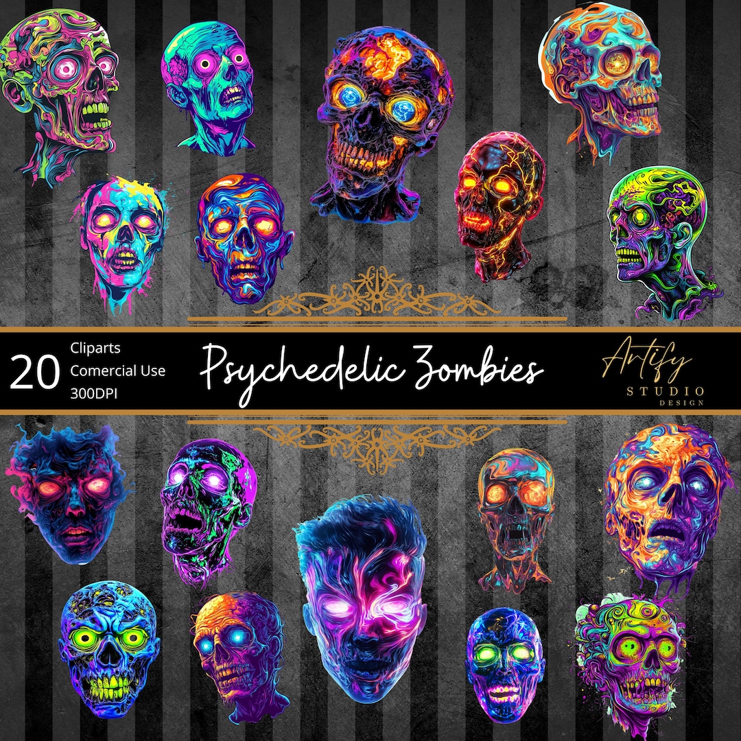 Psychedelic Zombies Head Clipart – 20 Trippy Zombie Head Illustrations ...