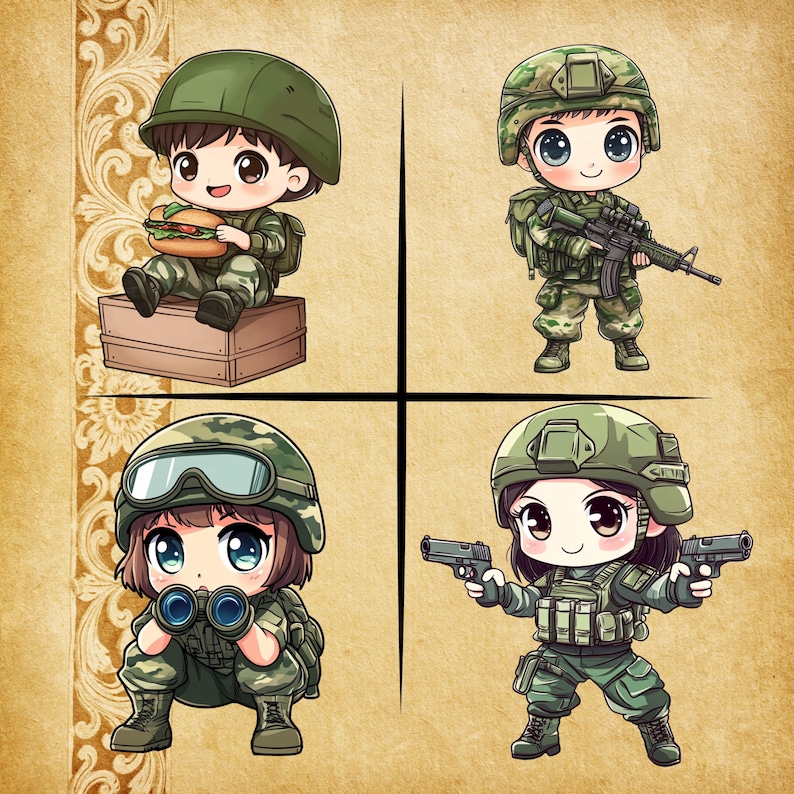 Cute Soldiers Cartoon Cliparts, Commercial Use, Army Kawaii Characters ...
