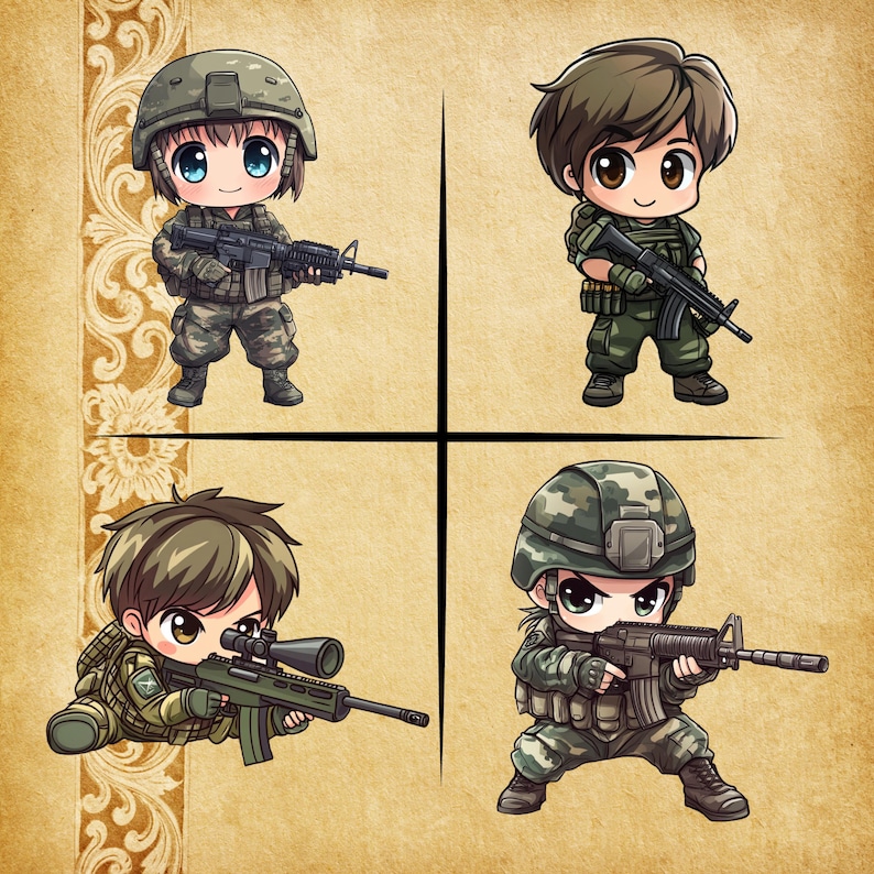 Cute Soldiers Cartoon Cliparts, Commercial Use, Army Kawaii Characters ...