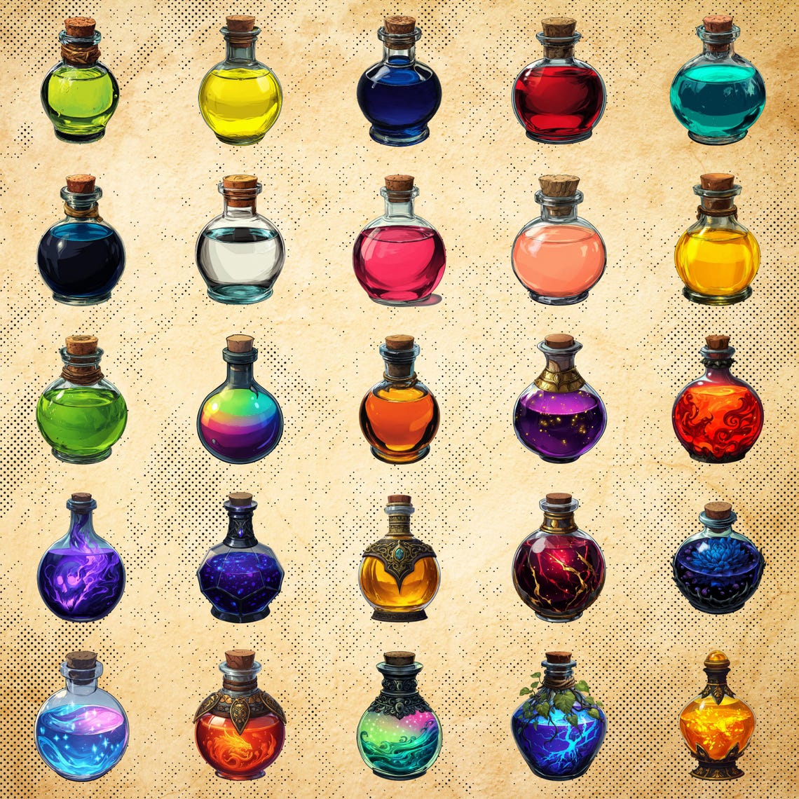 Fantasy RPG Potions Clipart – 94 Alchemical Bottles & Magical Elixirs ...