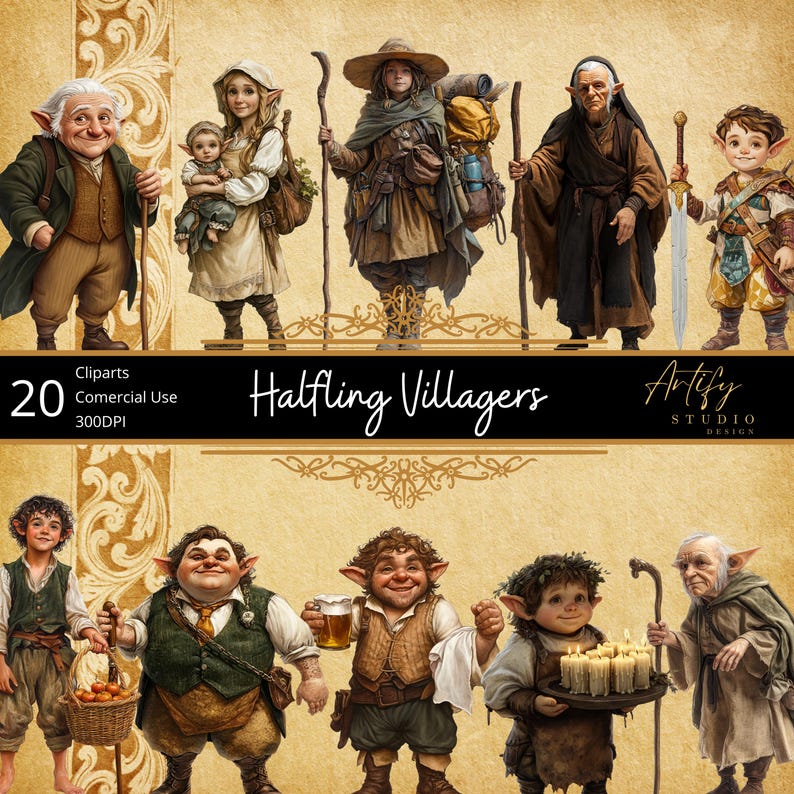 Halfling Villagers – 20 Fantasy Clipart Designs , 300 DPI , Transparent ...