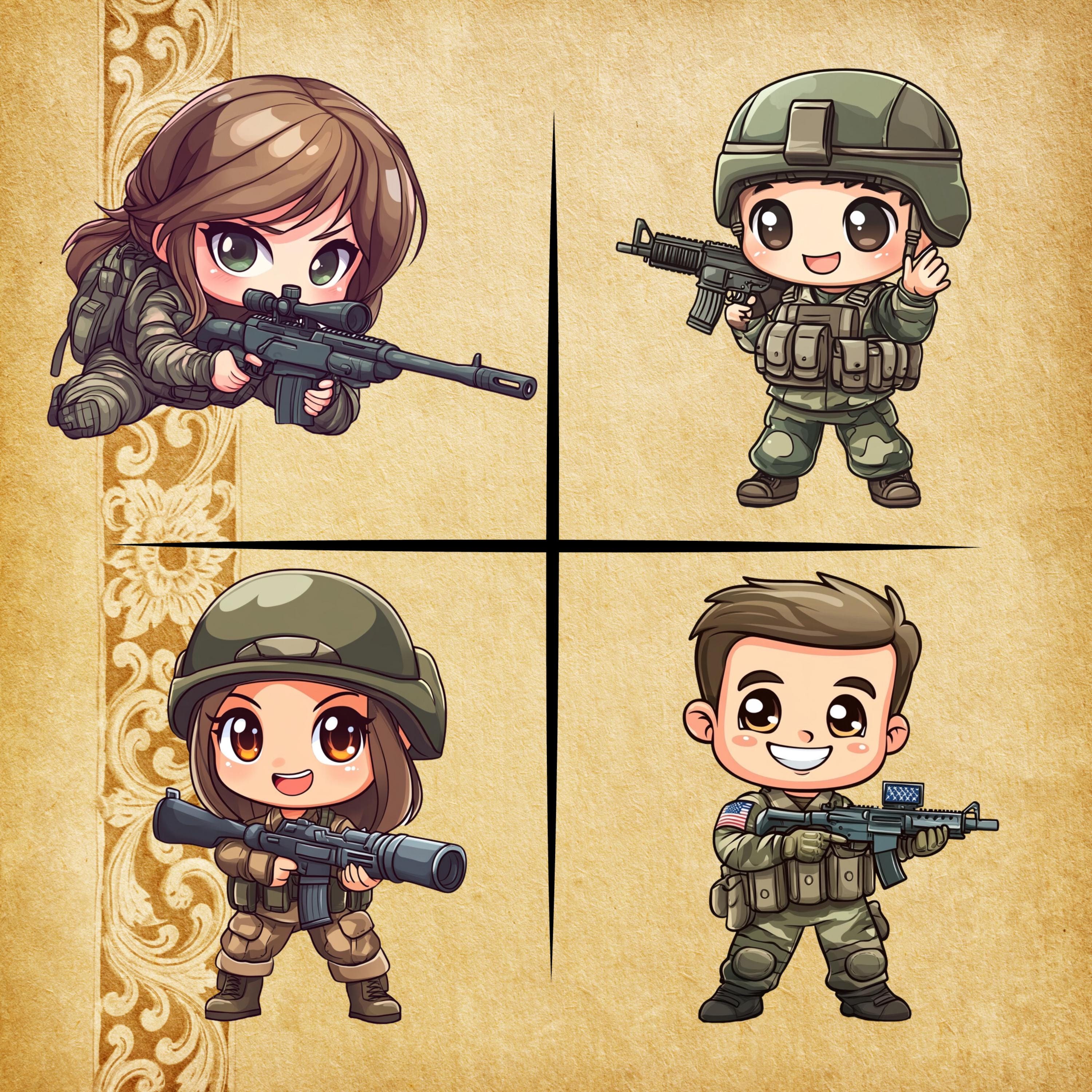 Cute Soldiers Cartoon Cliparts, Commercial Use, Army Kawaii Characters ...