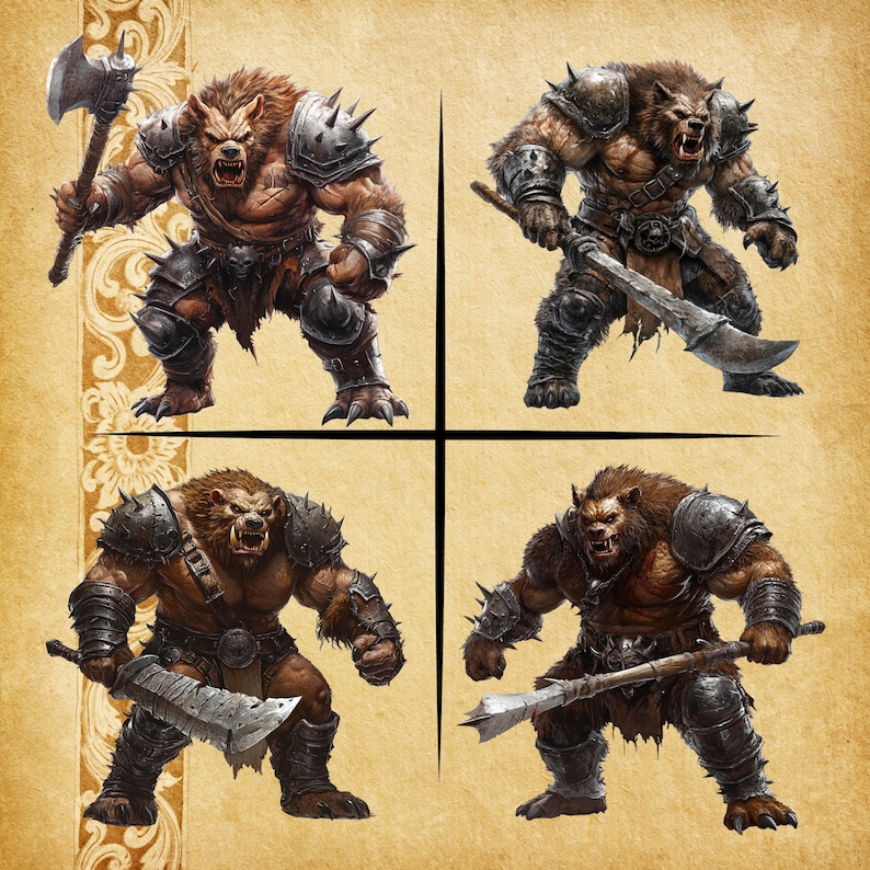 Fantasy Bugbears – 20 Fearsome Cliparts of Savage Warriors , Transparent Background , Commercial ...