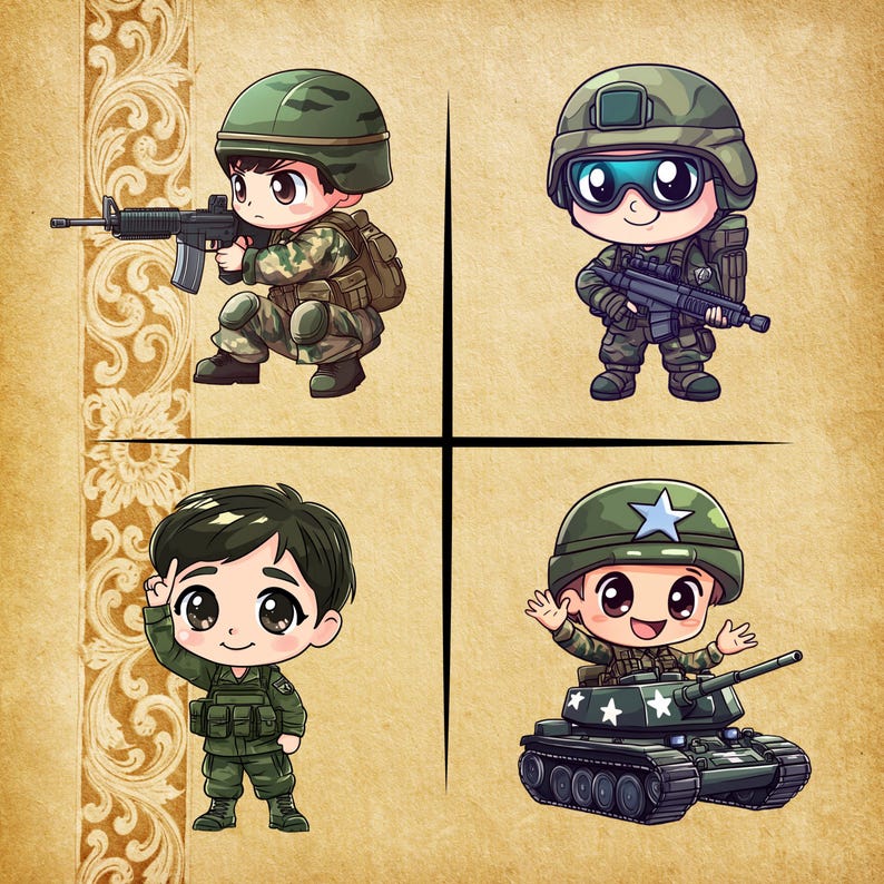 Cute Soldiers Cartoon Cliparts, Commercial Use, Army Kawaii Characters ...