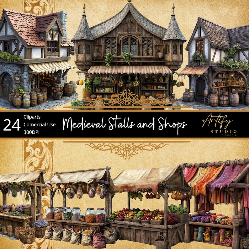 Medieval Stalls and Shops – 24 Illustrations of Historical Market ...