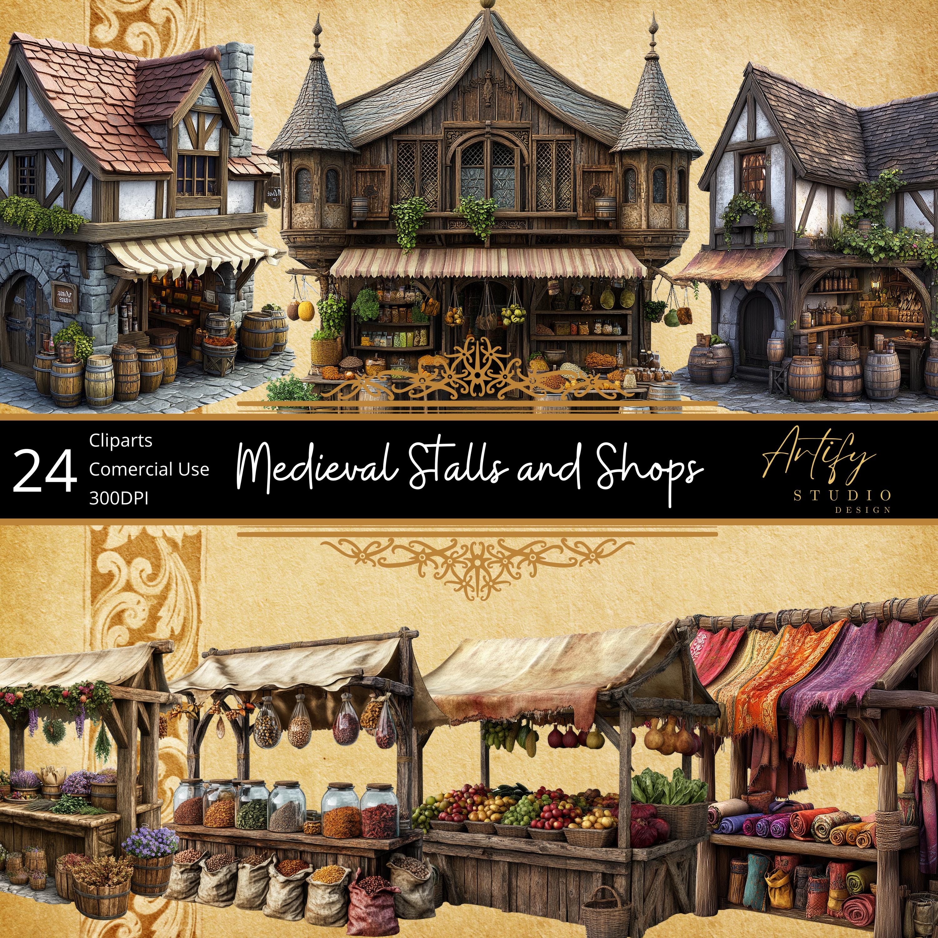 Medieval Stalls and Shops – 24 Illustrations of Historical Market ...