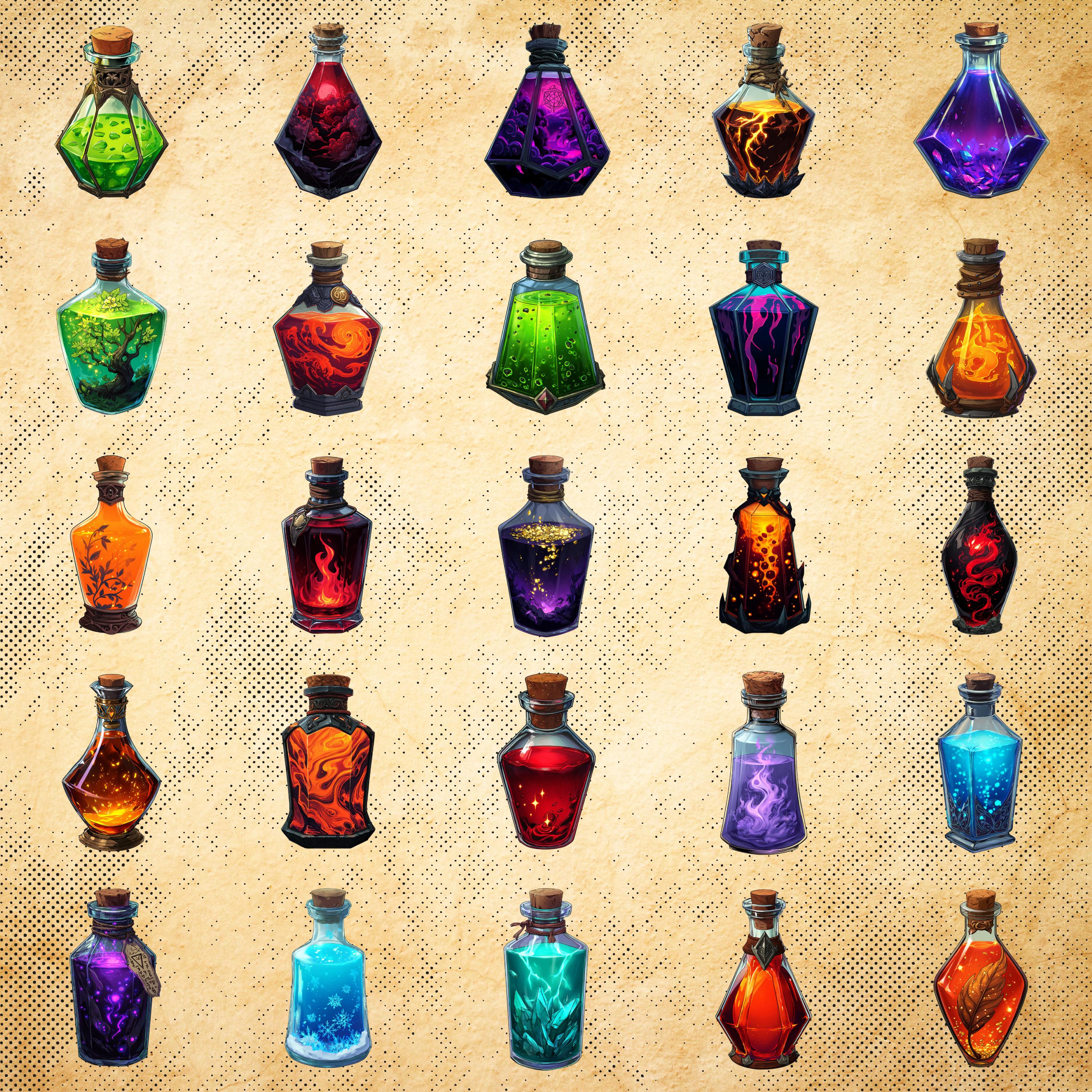 Fantasy RPG Potions Clipart – 94 Alchemical Bottles & Magical Elixirs ...