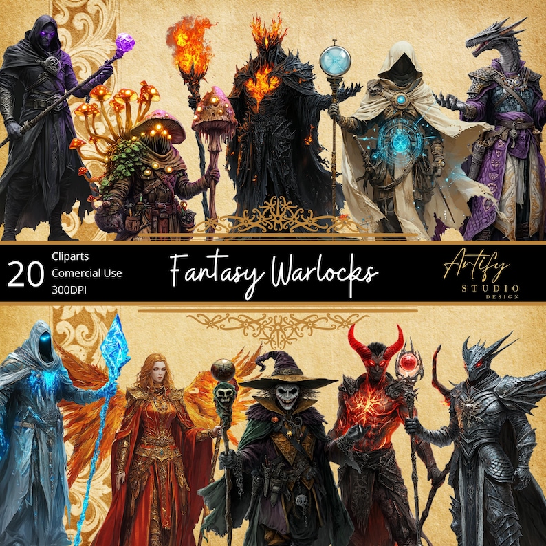Fantasy Warlocks Clipart – 20 Mysterious and Powerful Magic-wielders for Your Fantasy Projects ...