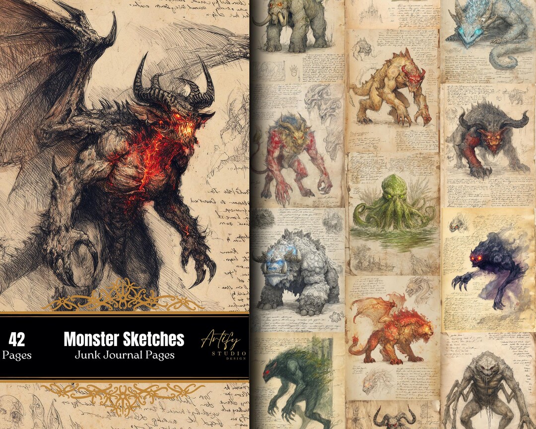 Monster Sketches Junk Journal Printables, Fantasy Scrapbook Pages ...