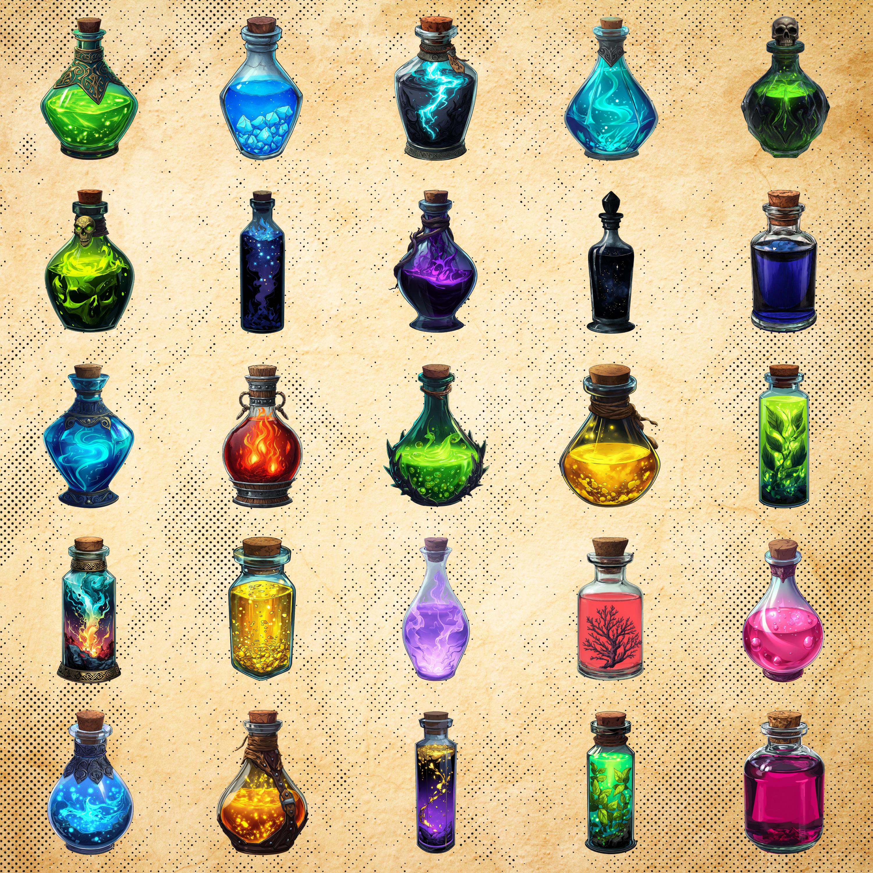 Fantasy RPG Potions Clipart – 94 Alchemical Bottles & Magical Elixirs ...