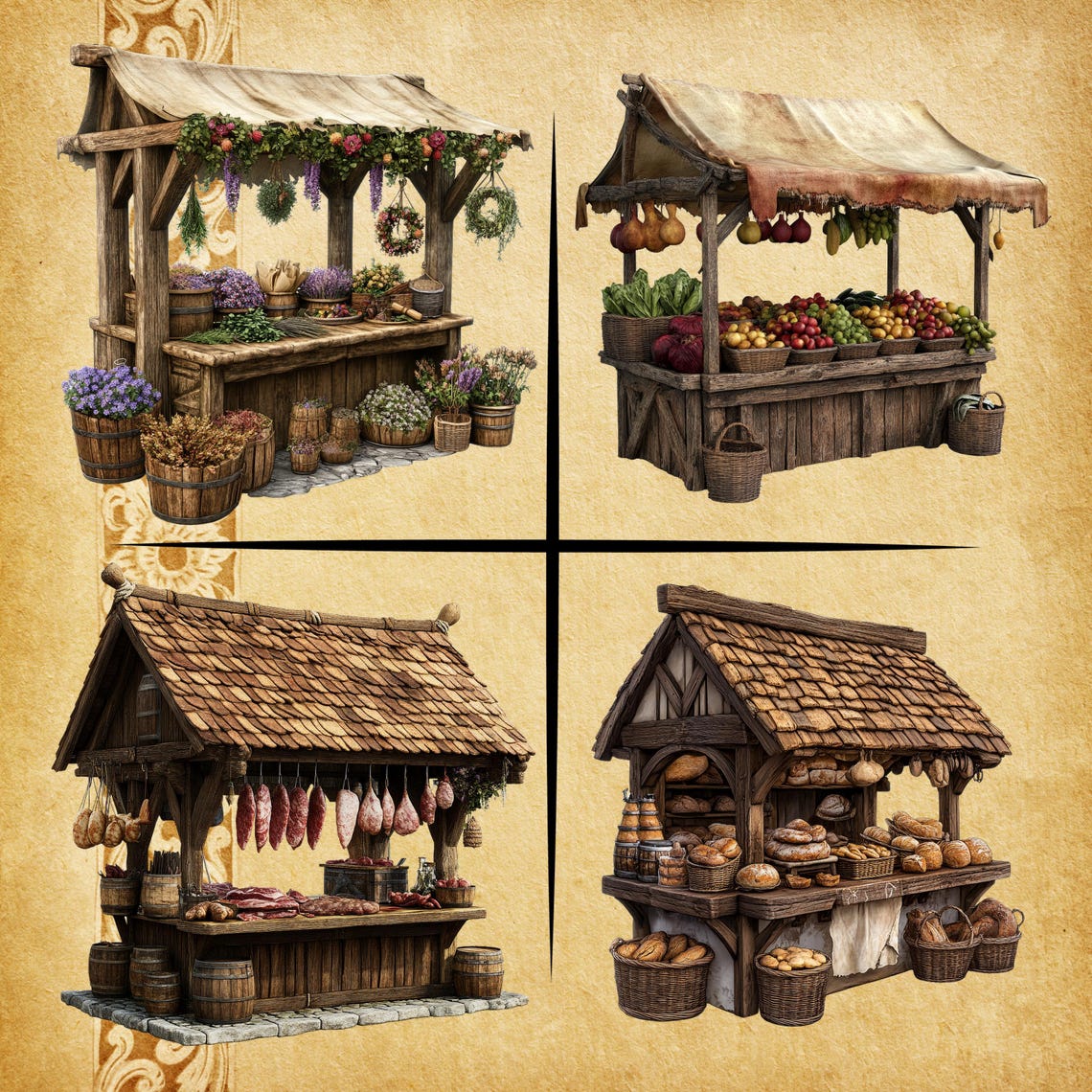 Medieval Stalls and Shops – 24 Illustrations of Historical Market ...