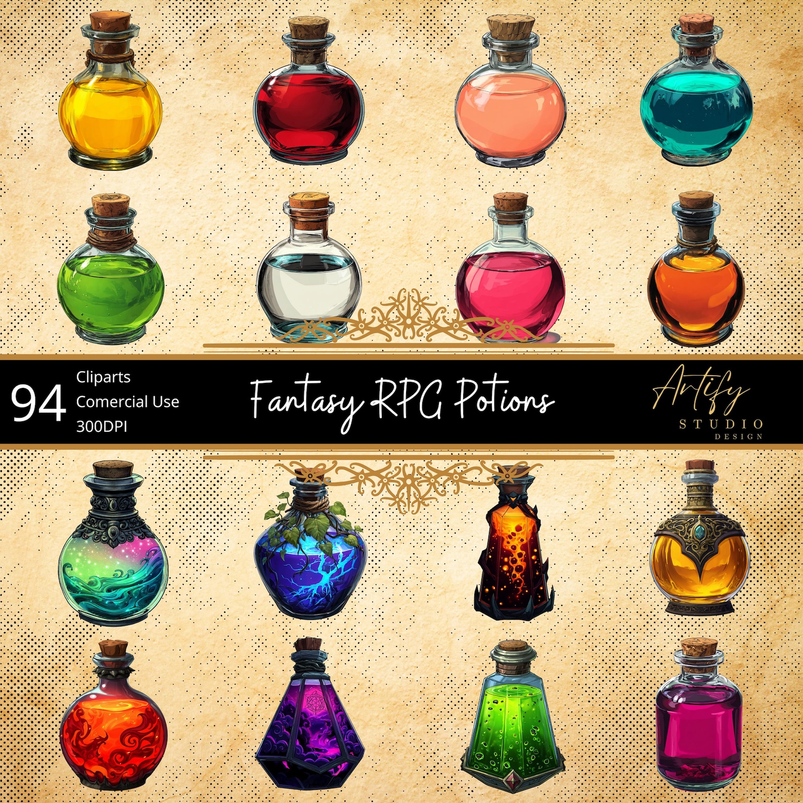 Fantasy RPG Potions Clipart – 94 Alchemical Bottles & Magical Elixirs ...