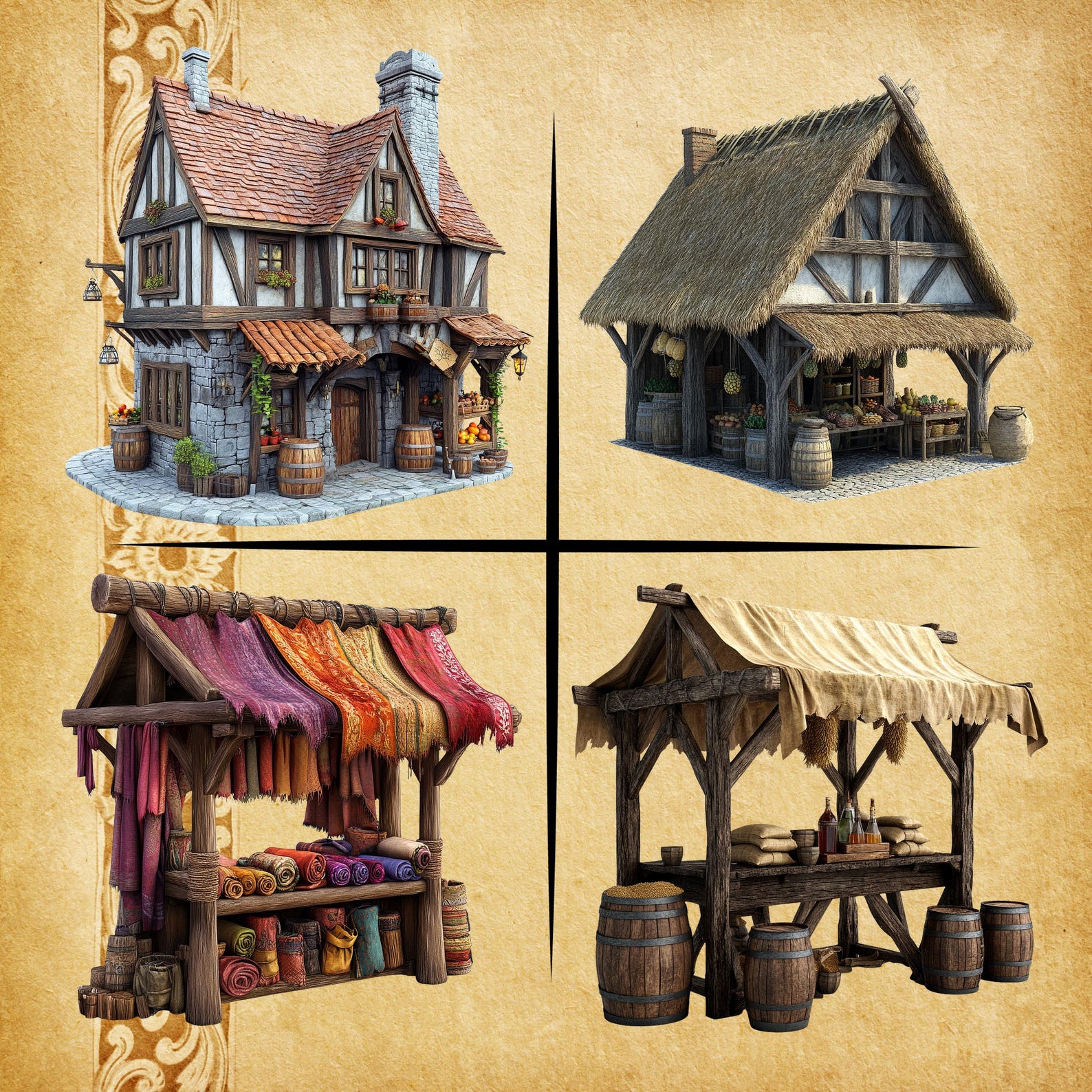 Medieval Stalls and Shops – 24 Illustrations of Historical Market ...