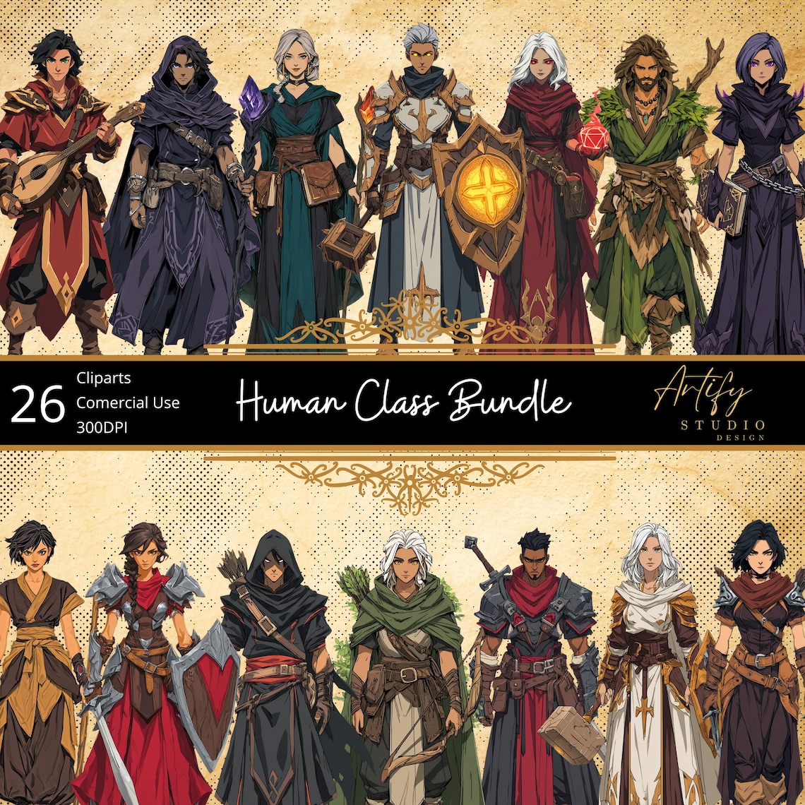 Human Class Bundle – 26 Cartoon-style Fantasy Character Cliparts (DND ...