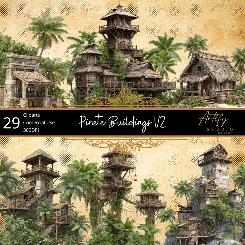Pirate Buildings – 29 Cliparts With Integrated Tropical Vegetation ...