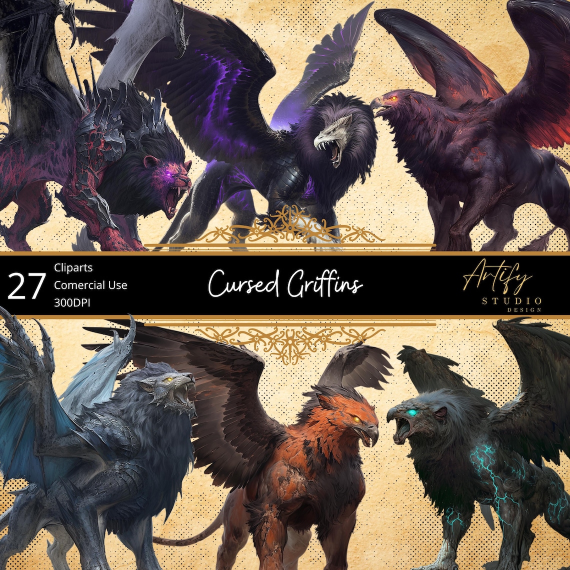Cursed Griffins – Twisted Beasts of Shadow and Sky, Fantasy Cliparts ...