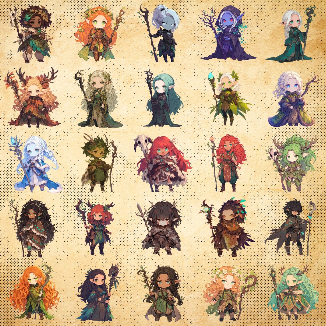 Chibi Elf Druids – 50 Enchanted Nature Guardians Cliparts , Transparent ...