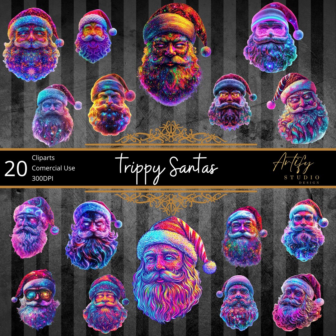 Trippy Santa Heads Clipart – Psychedelic Santa Claus Faces – 20 ...