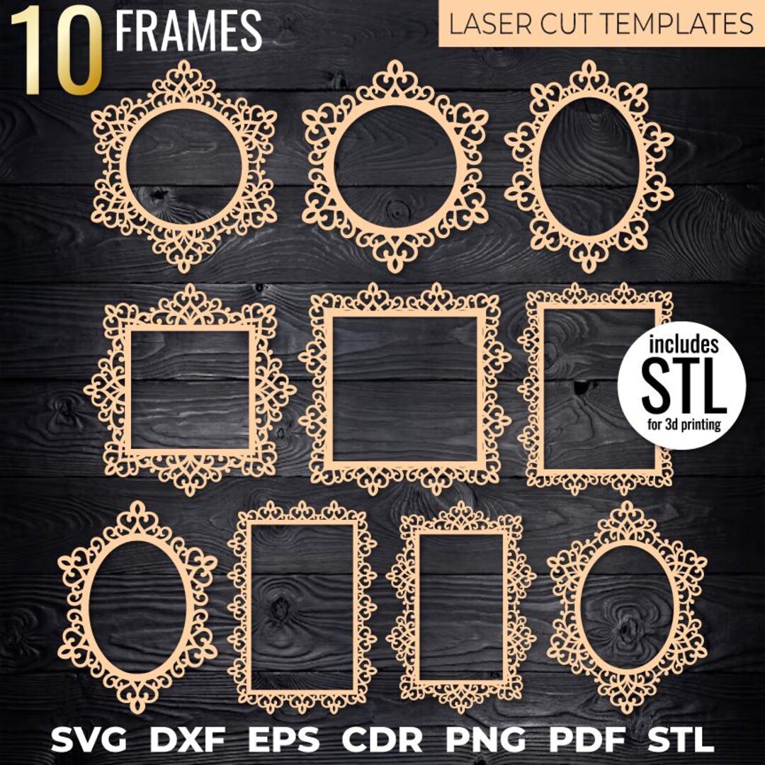 10 Vintage Laser Cut Frame Template SVG, Decorative Clipart Frame Set ...