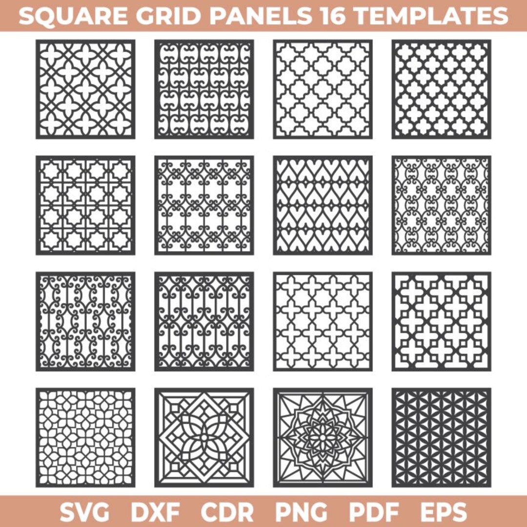 Square Grid Panel SVG Bundle, 16 Laser Cut Screen Patterns, Decorative ...