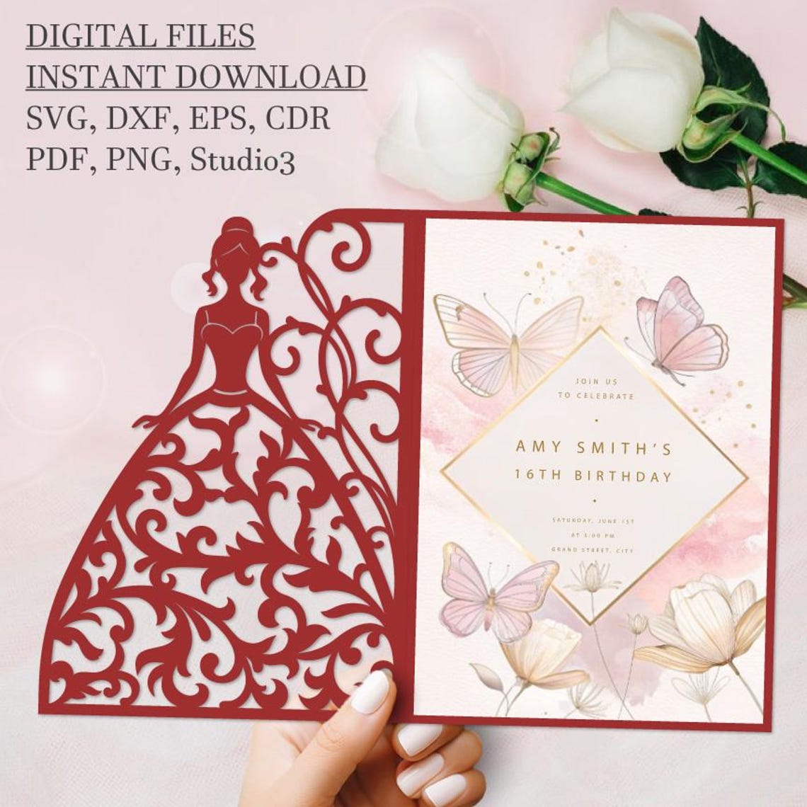 Quinceañera Fold Card SVG | Princess Sweet 16 Invitation 5x7 ...