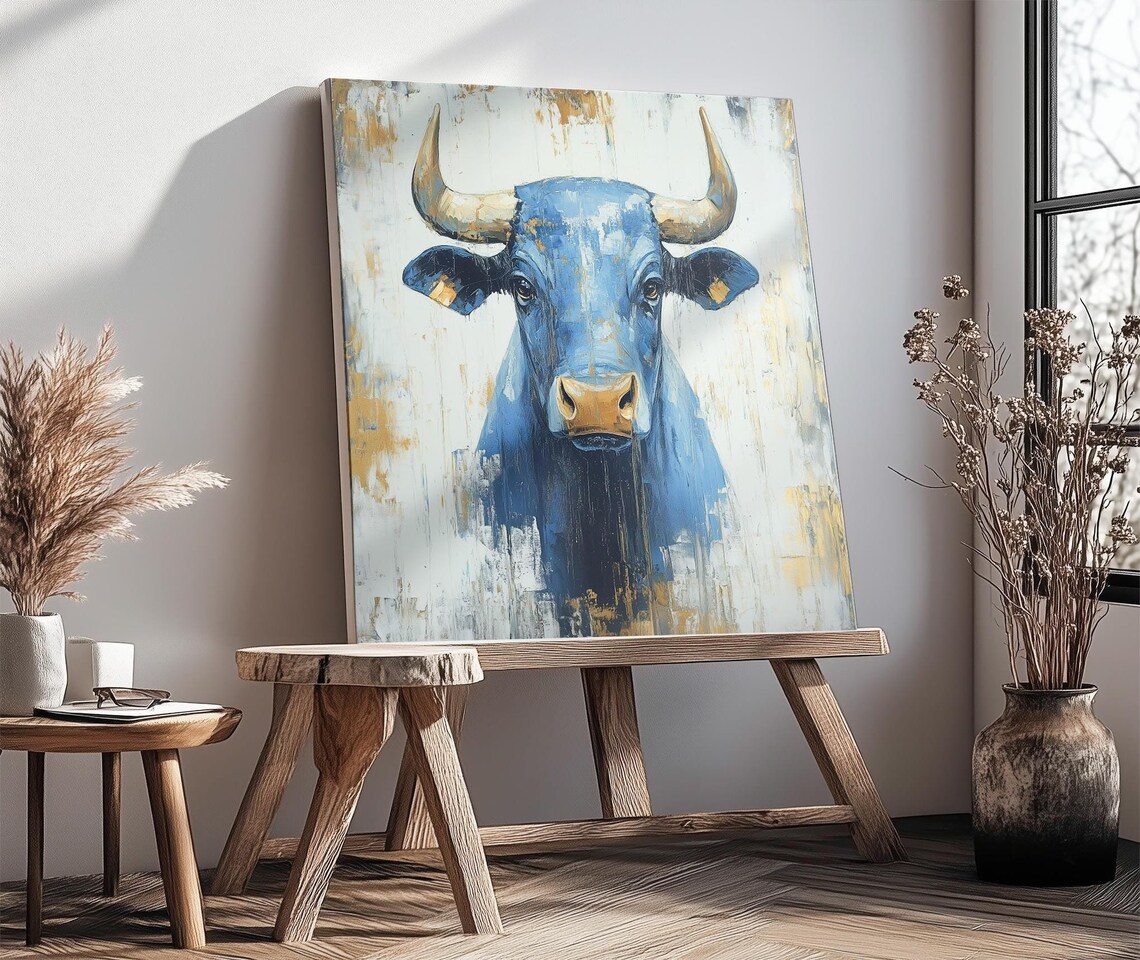 Abstract Blue Bull Oil Painting - Contemporary Minimalist Animal Art - Etsy