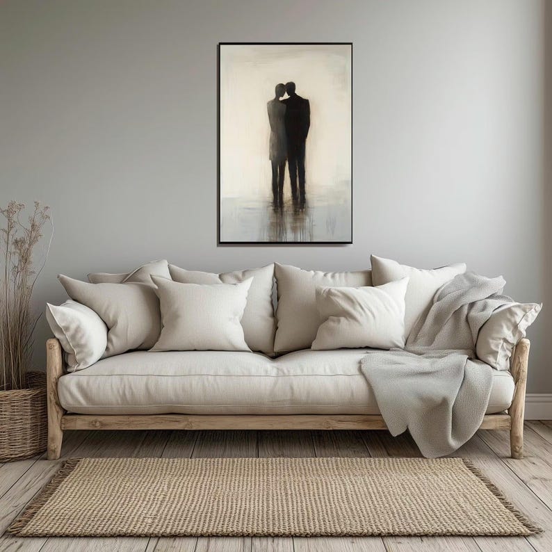 Minimalist Couple Embrace Canvas Art Print - Simple Monochromatic ...