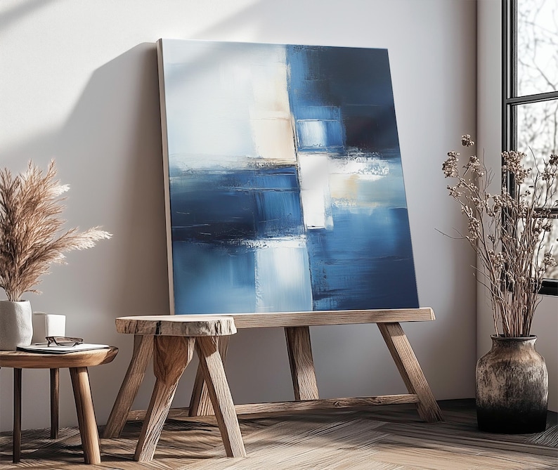 Navy Blue Abstract Wall Art – Minimalist Oil Texture Canvas Print for ...