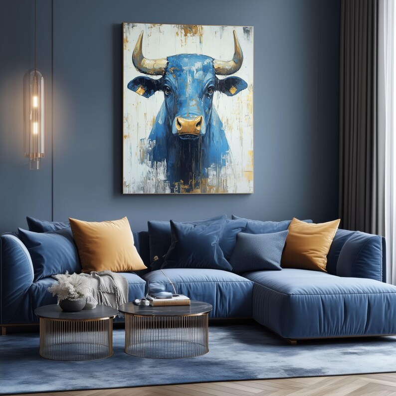 Abstract Blue Bull Oil Painting - Contemporary Minimalist Animal Art - Etsy