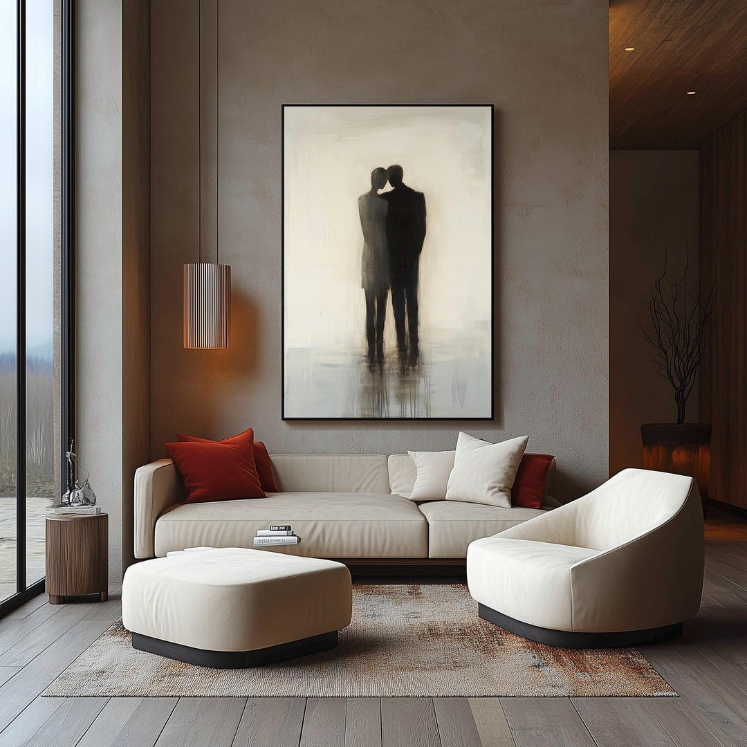 Minimalist Couple Embrace Canvas Art Print - Simple Monochromatic ...