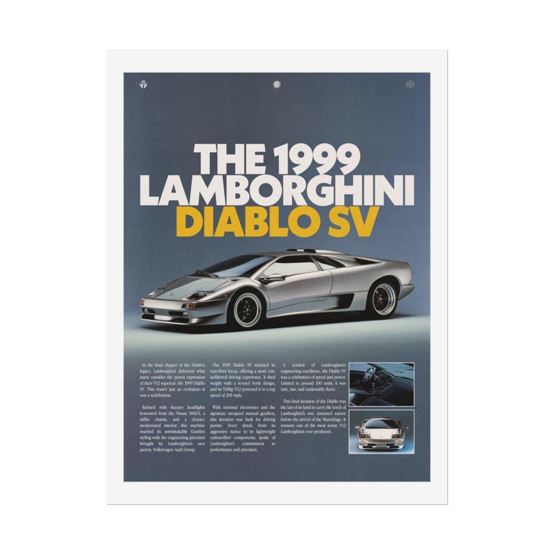 1999 Lamborghini Diablo SV Poster Supercar Vintage Wall Art Automotive ...