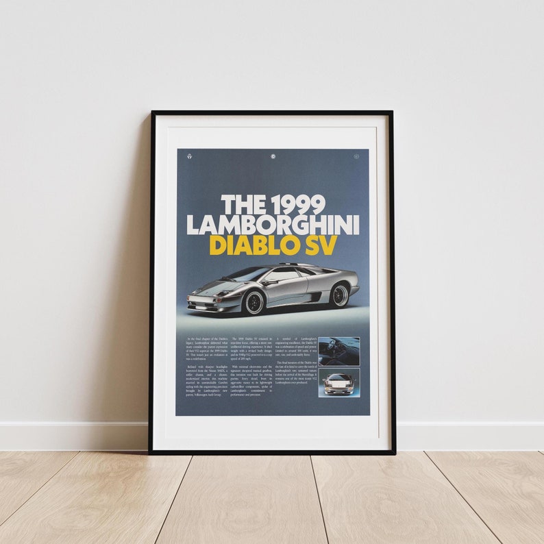 1999 Lamborghini Diablo SV Poster Supercar Vintage Wall Art Automotive ...