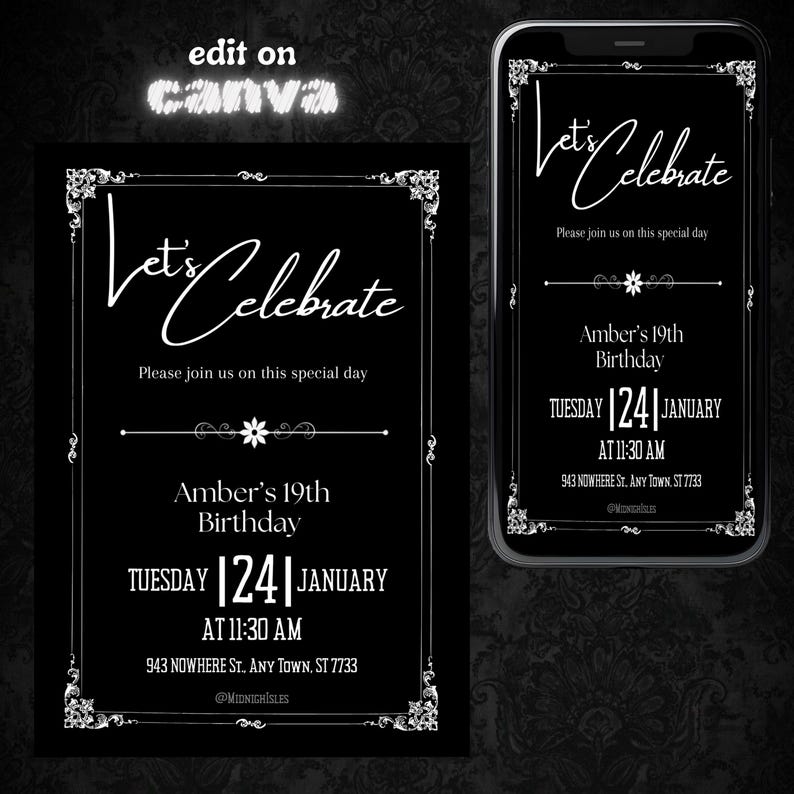 Editable Modern Black and White Invitation Neutral, Any Age Birthday ...