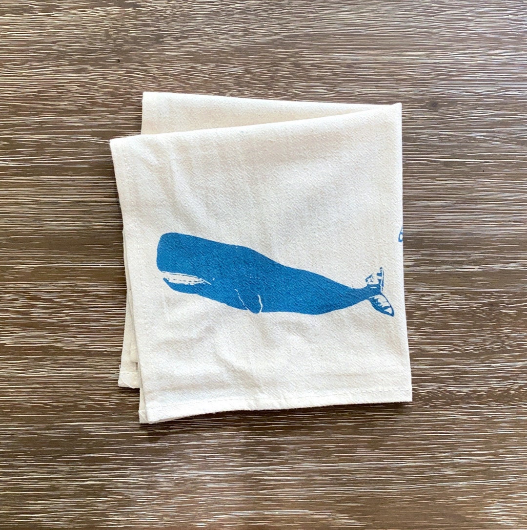 Cloth Napkins, Set of 4, Hand Printed Natural Flour Sack Cotton: Whale ...