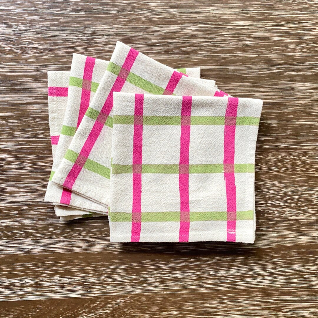 Hand Printed Cloth Napkins, Set of 4, Magenta & Matcha Plaid - Etsy UK