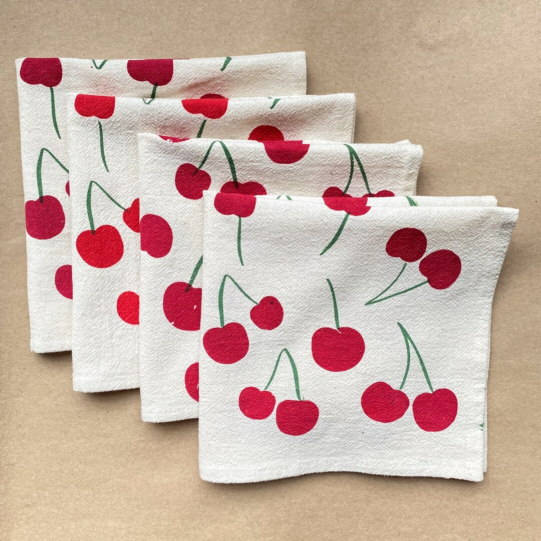 Cherry Cloth Napkins, Set of 4, Hand Printed Natural Cotton: Classic ...