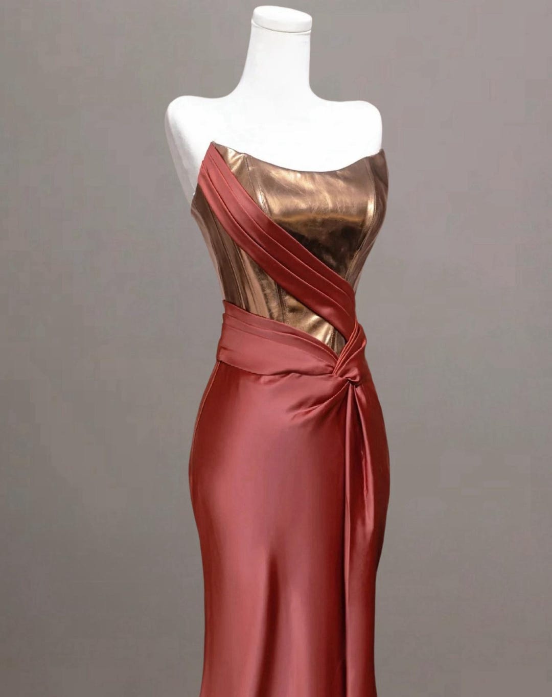 Romantic Satin Prom Dress, Caramel Strapless Party Dress, Minimalist ...