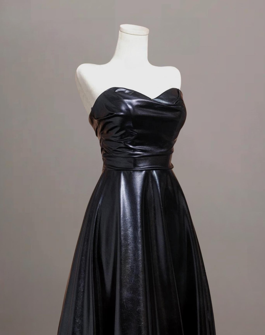 Cool Black Leather Prom Dress, Black Gothic Party Dress, Strapless ...