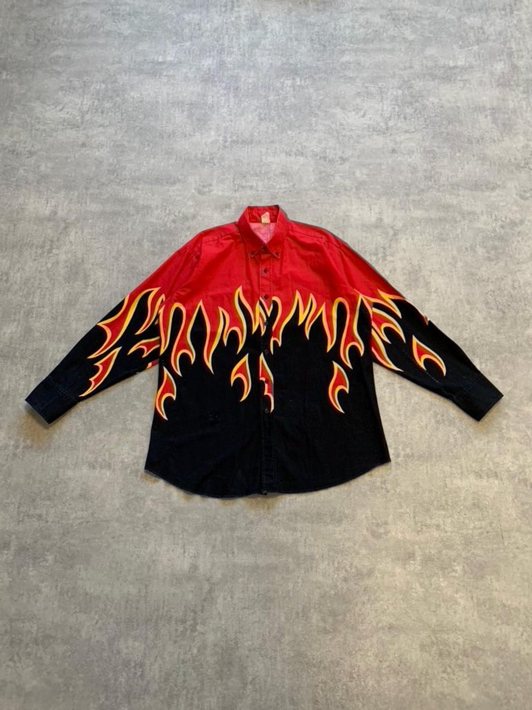 Fire Flames Full Buttons up Long Sleeve Shirt Mens Size L Red Black ...