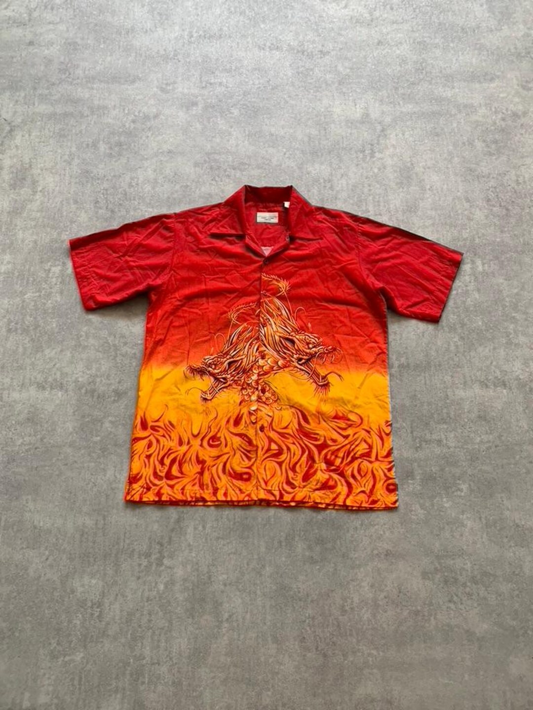 Y2K Dragon Print Japanese Style Full Buttons up Shirt Orange Y2k Mens ...