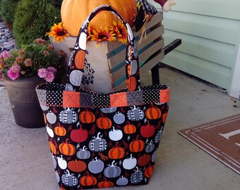 Handmade Fall Themed Tote Bag Pumpkins Autumn Leaves Washable 100% ...