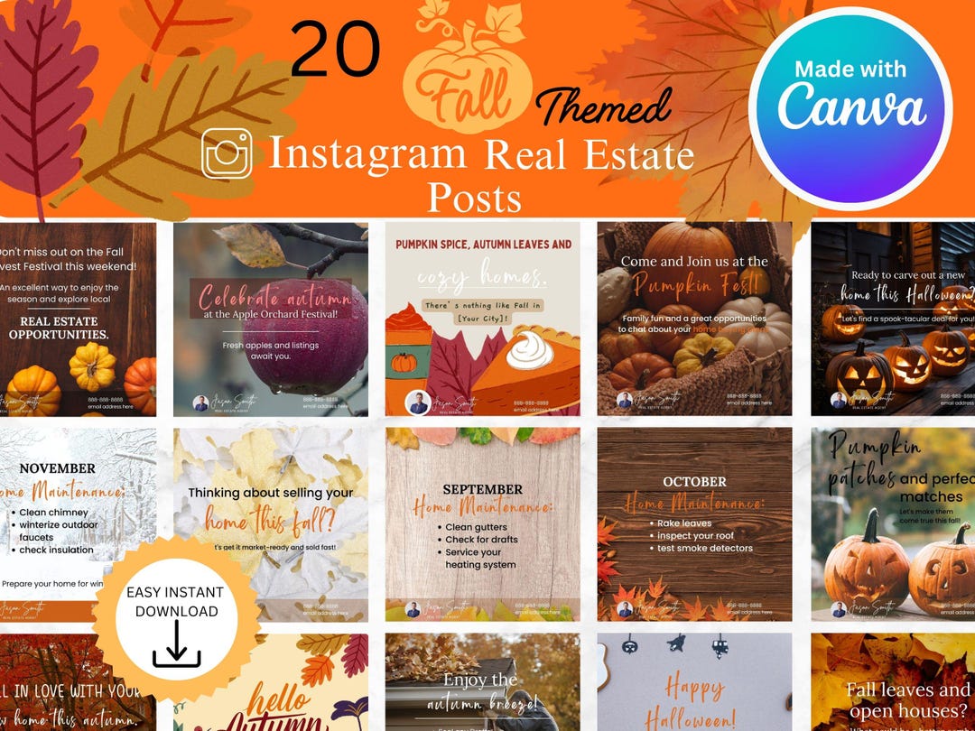 Fall Real Estate Instagram Templates Canva Editable Autumn Social Media ...