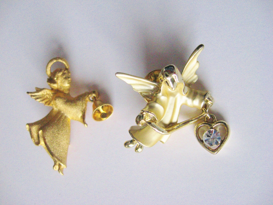 Pair of Angel Pins / Gold Tone Christmas Pins / Angel With - Etsy