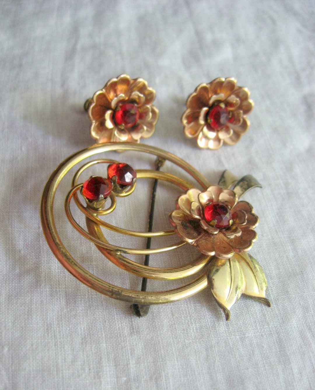 Harry Iskin Brooch Pin and Earrings Set / Gold Filled Set With Red ...