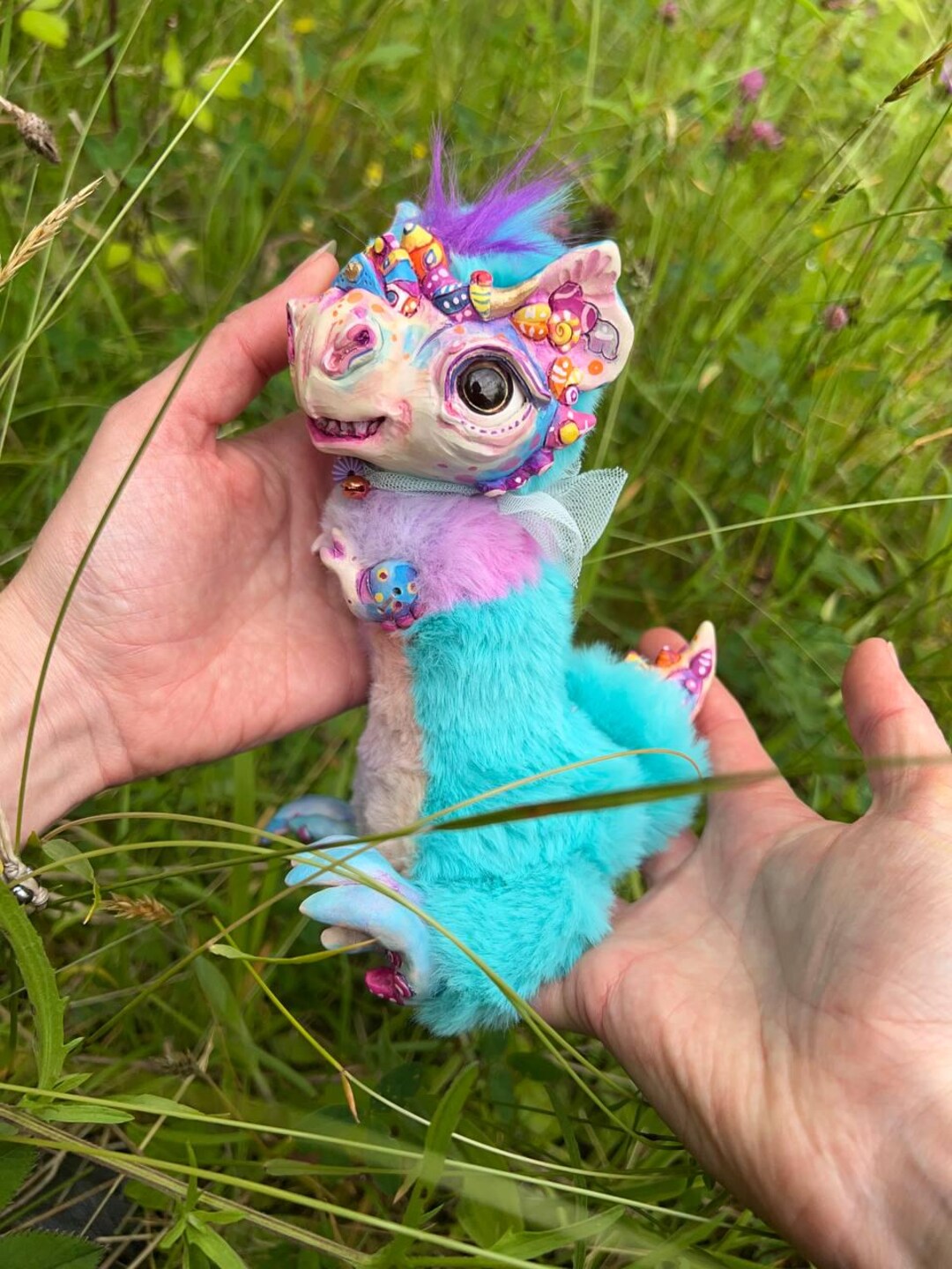 Dragon Toy Ooak Clay Creature Blue Fur Fantasy Beast Toy Natural Clay ...