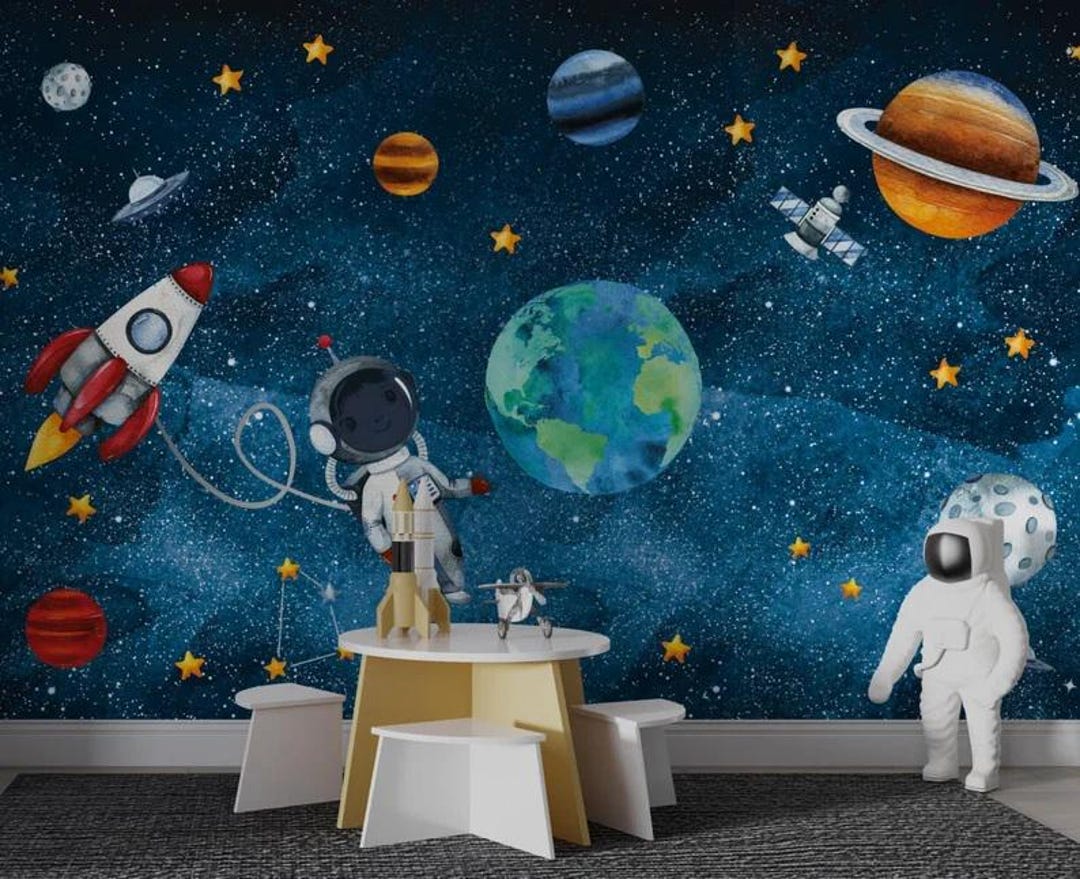 Outer Space Wallpaper for Kids Room, Cute Astronaut and Rocket Mural ...