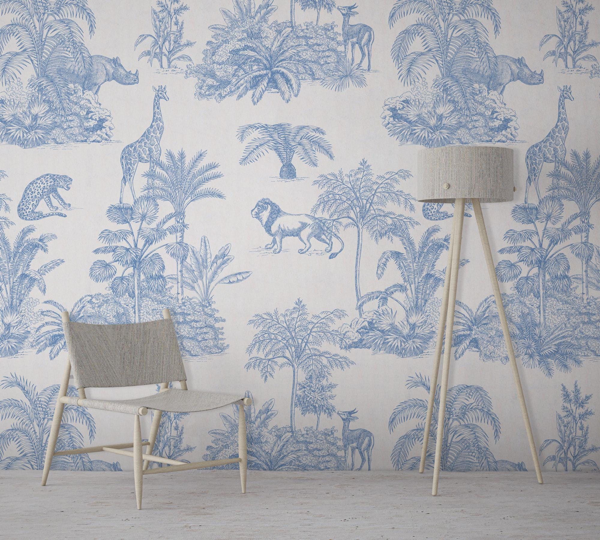 Blue Safari Toile Wallpaper: Hand-drawn Jungle Animal Wall Mural - Etsy