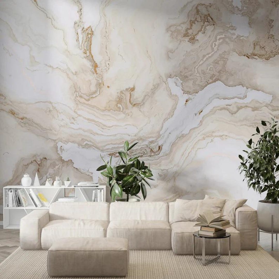 Marble Look Wallpaper With Veins in Beige Colors-marble Look Wall Mural ...