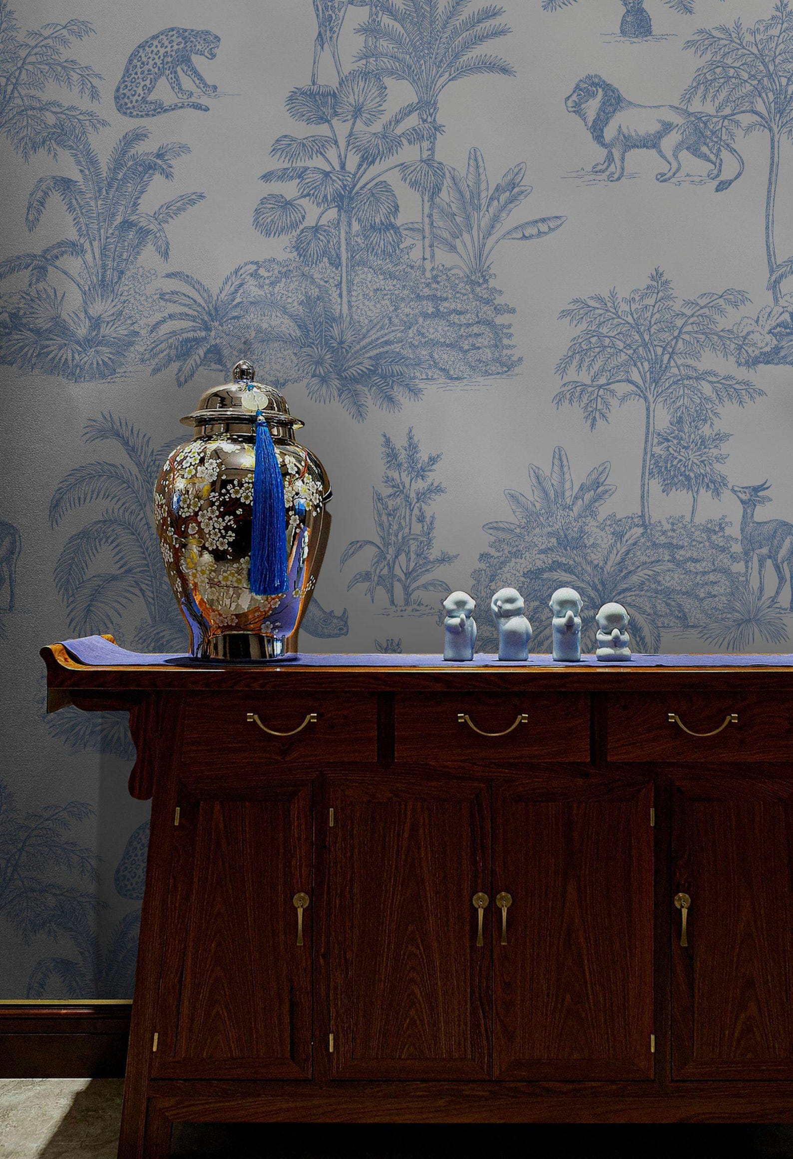 Blue Safari Toile Wallpaper: Hand-drawn Jungle Animal Wall Mural - Etsy